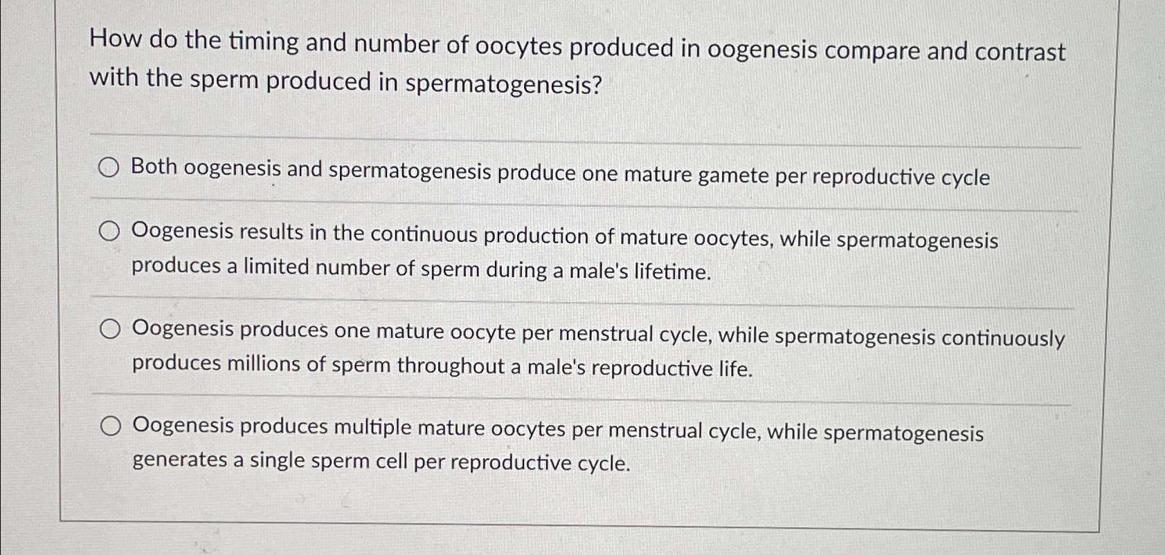 Solved How do the timing and number of oocytes produced in | Chegg.com