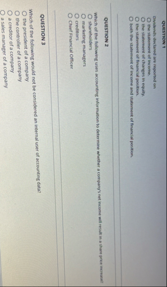 Solved QUESTION 1Dividends declared are reported onthe | Chegg.com