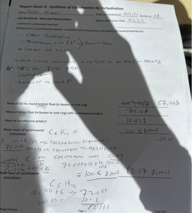 Solved Report Sheet A: Synthesis of Cyclohexene by | Chegg.com