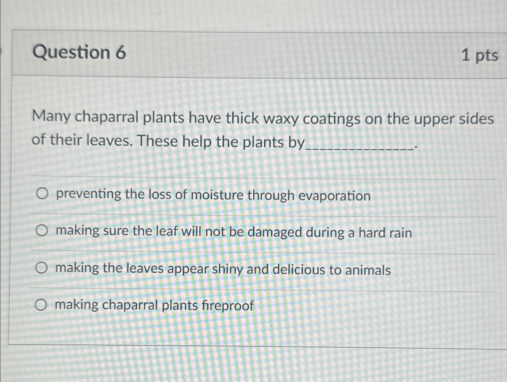 Solved Question 61ptsMany chaparral plants have thick waxy | Chegg.com