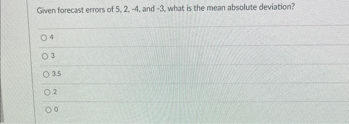 Solved Given forecast errors of 5,2,−4, and −3, what is the | Chegg.com