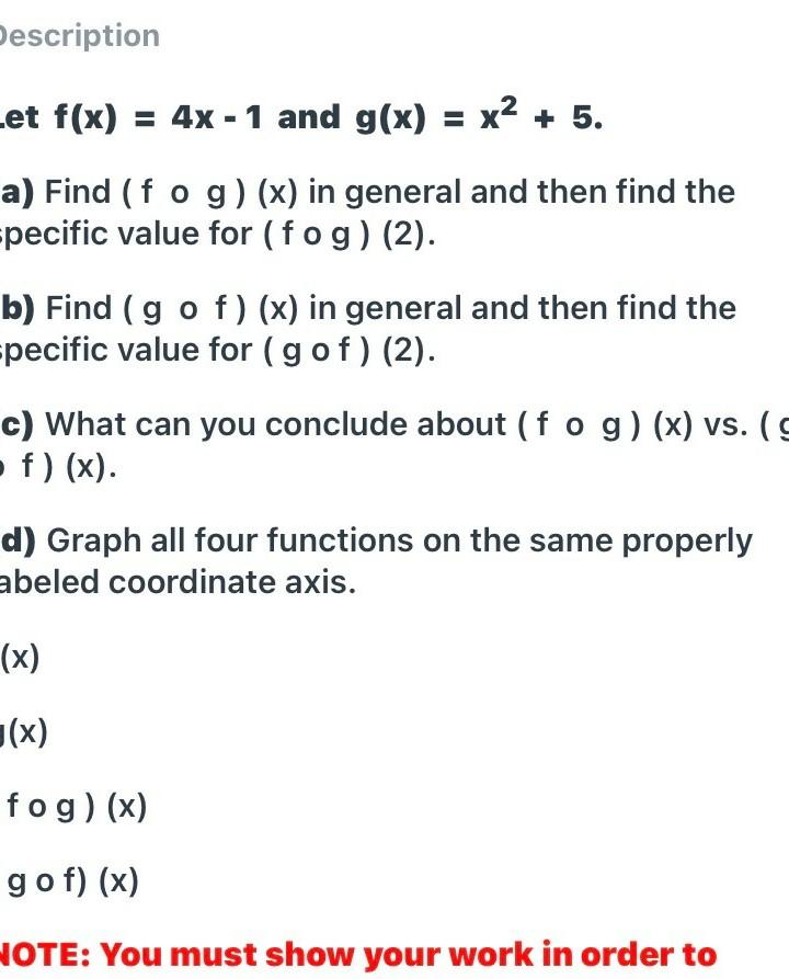 Solved Description Let f(x) = 4x - 1 and g(x) = x2 + 5. a) | Chegg.com