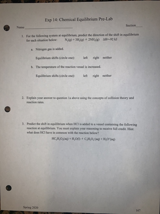 Solved Exp 14: Chemical Equilibrium Pre-Lab Section Name 1. | Chegg.com