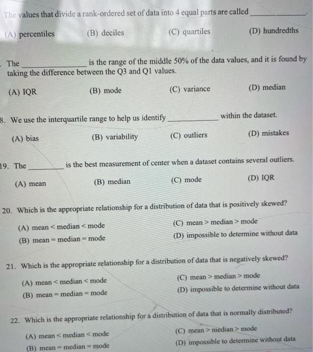 Solved The values that divide a rank-ordered set of data | Chegg.com