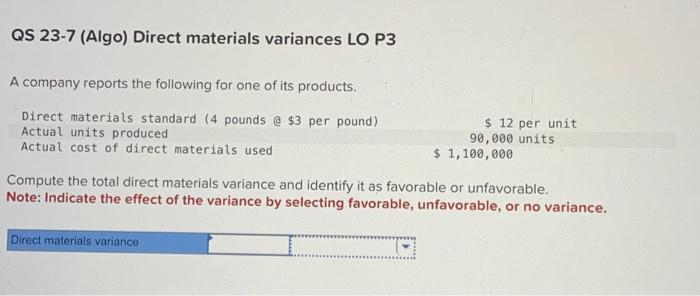 Solved Compute the total direct materials variance and | Chegg.com