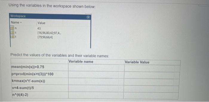 Solved Using the variables in the workspace shown below: | Chegg.com