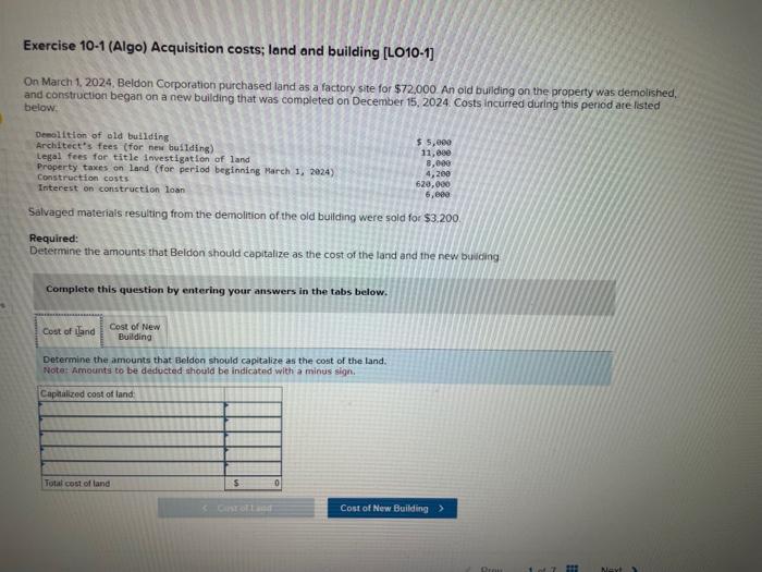 Solved Exercise 10-1 (Algo) Acquisition costs; land and | Chegg.com