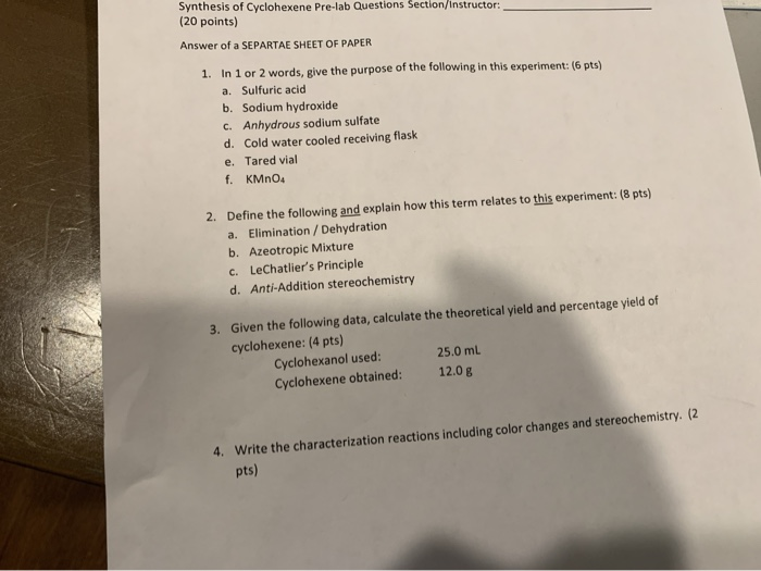 Solved Synthesis of Cyclohexene Pre-lab Questions | Chegg.com