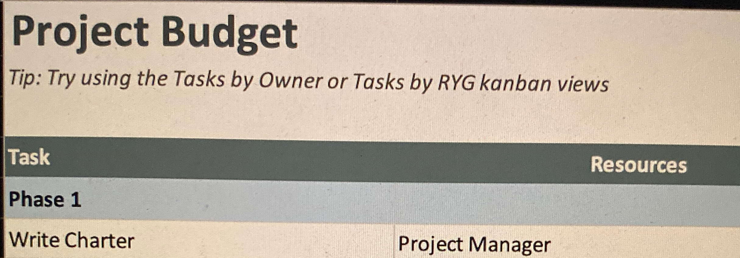 Solved Project BudgetTip: Try using the Tasks by Owner or | Chegg.com