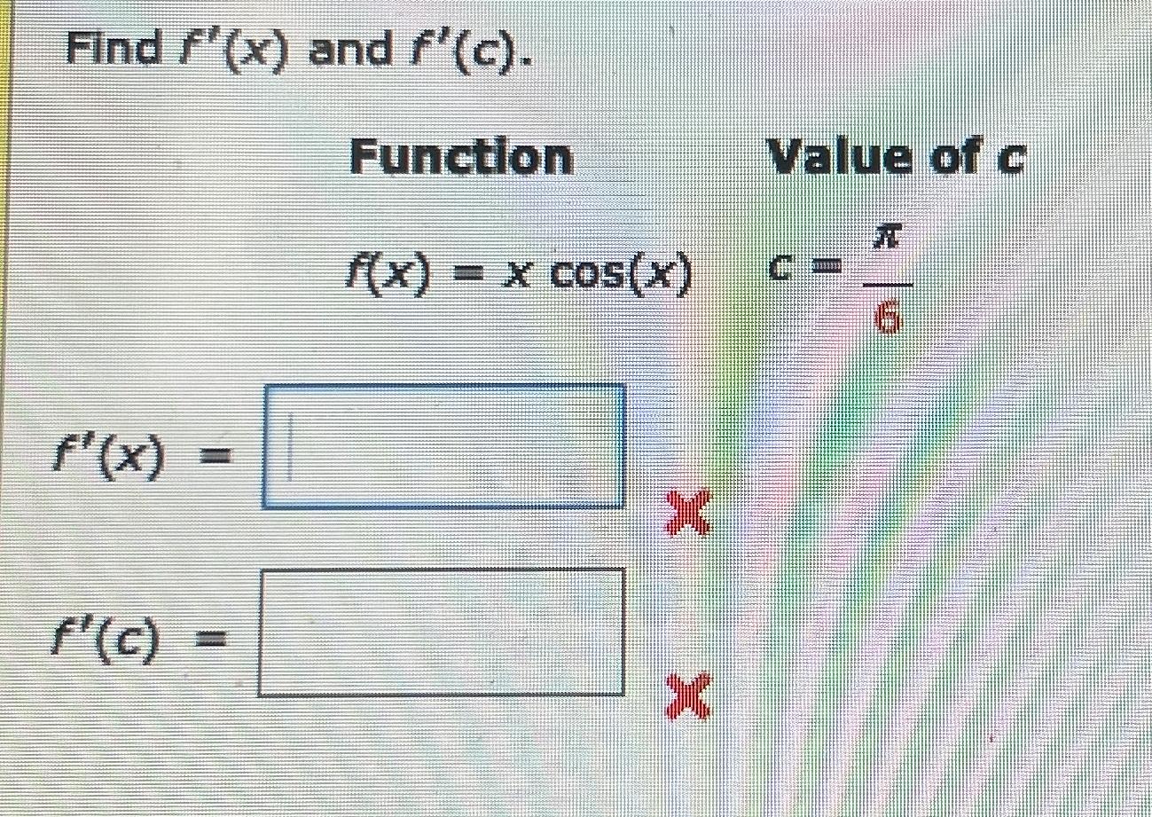 Solved Find f'(x) ﻿and f'(c)FunctionValue of | Chegg.com