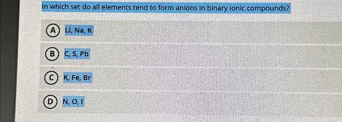In which set do all elements tend to form anions in | Chegg.com