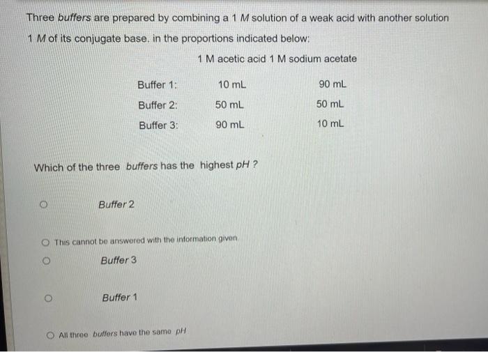 Solved Three buffers are prepared by combining a 1 M | Chegg.com