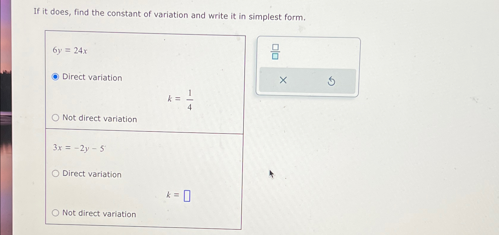 Solved If it does, find the constant of variation and write | Chegg.com