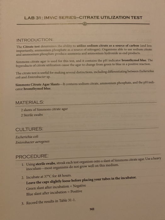 Solved LAB 31: IMVIC SERIES-CITRATE UTILIZATION TEST | Chegg.com