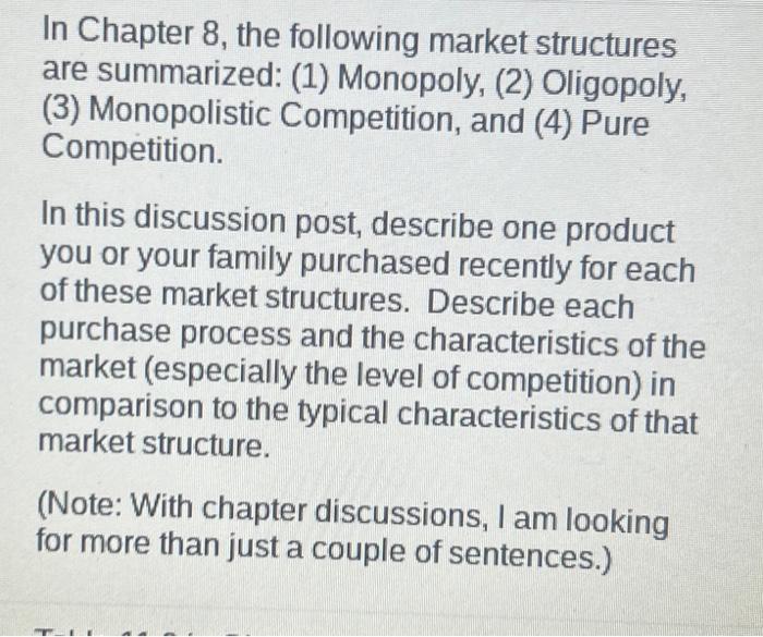 Solved In Chapter 8, the following market structures are | Chegg.com