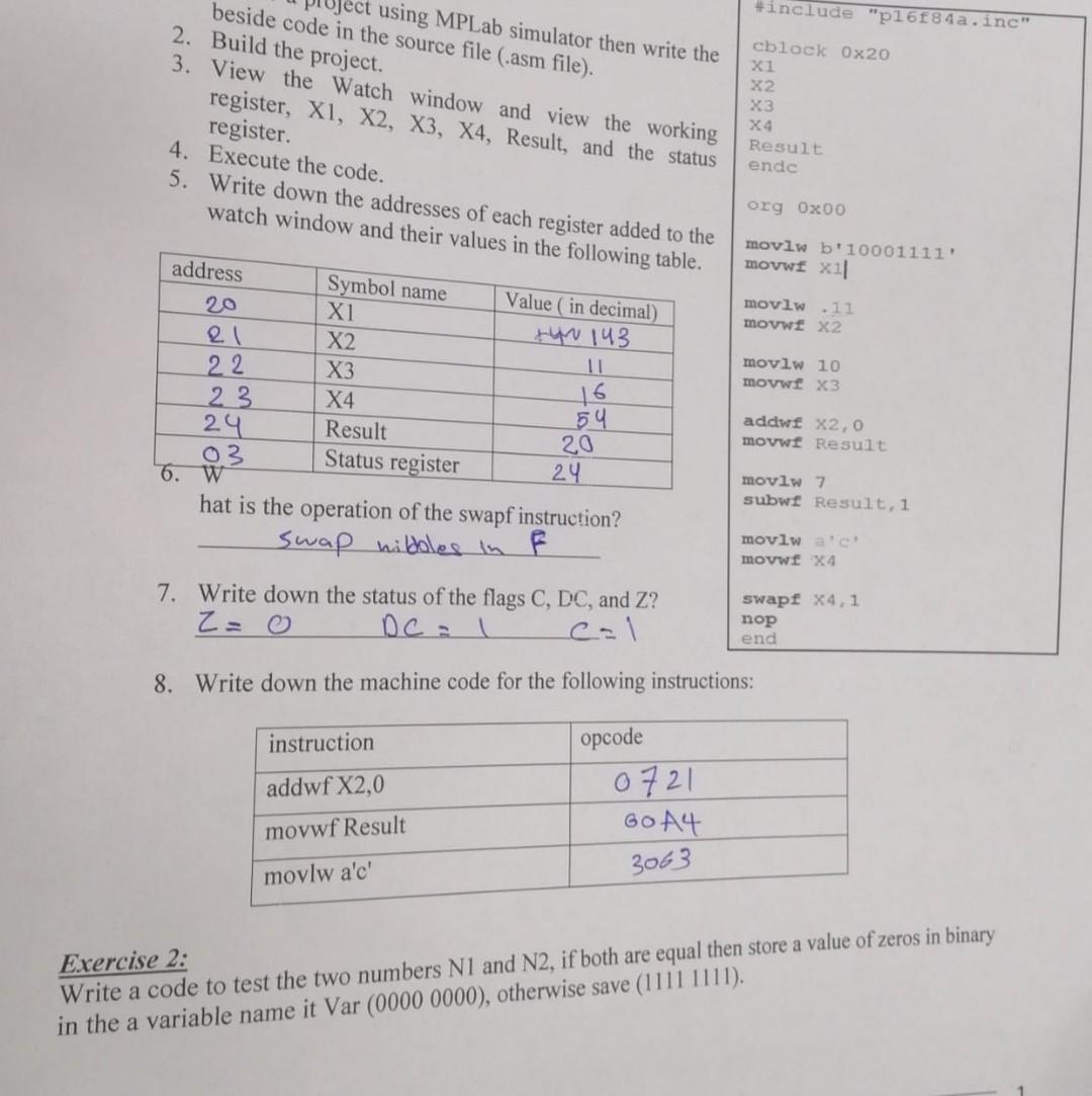ect using MPLab simulator then write the beside code | Chegg.com