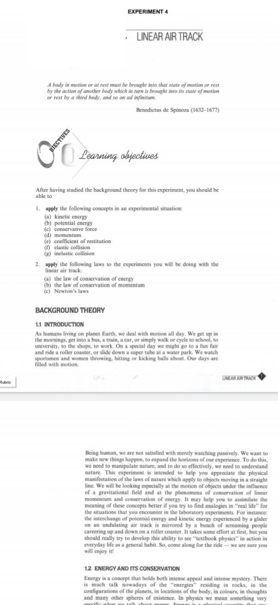 Solved EXPERIMENT 4 LINEAR AIR TRACK 4 body in motion or at | Chegg.com