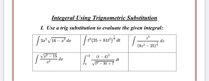 Solved Integeral Using Trignometric Substitution I. Use a | Chegg.com