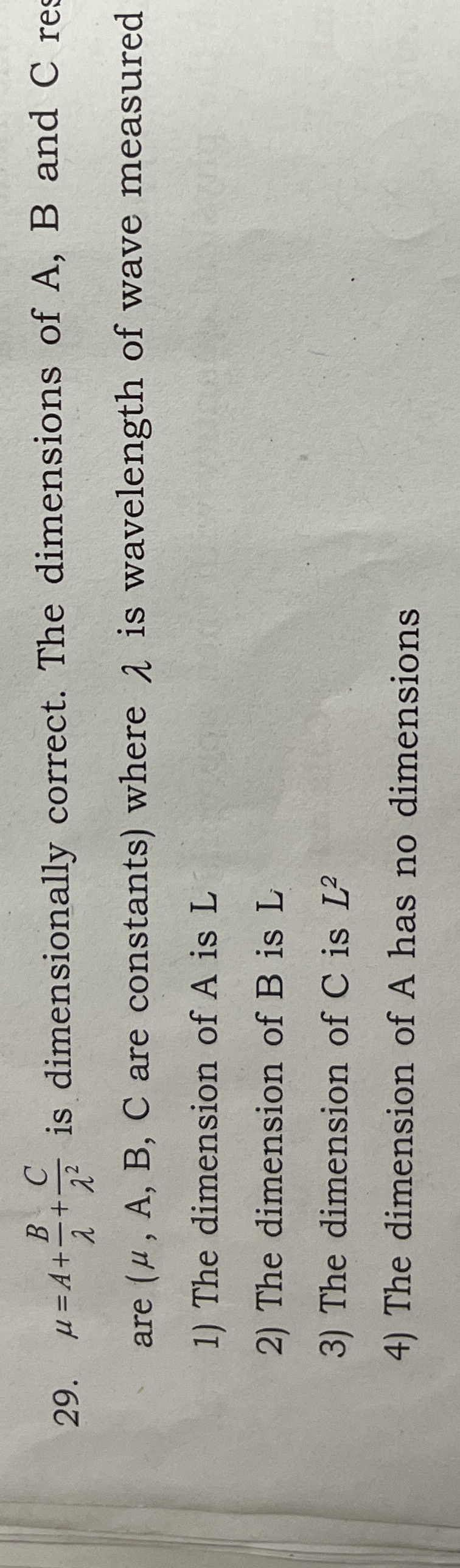 Solved μ=A+Bλ+Cλ2 ﻿is dimensionally correct. The dimensions | Chegg.com