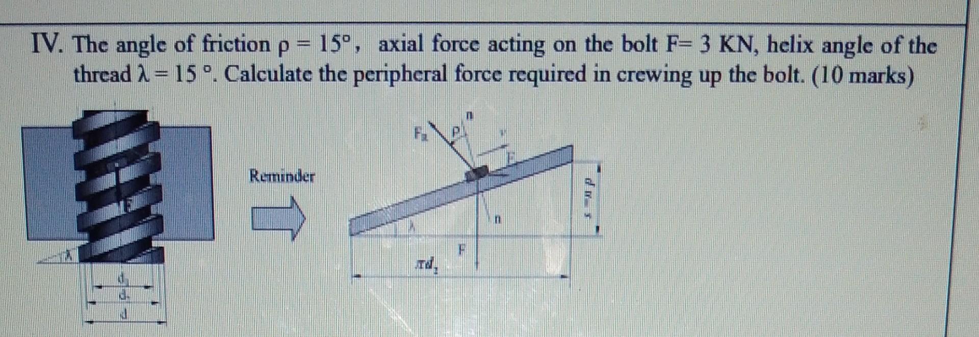 Solved IV. The angle of friction ρ=15∘, axial force acting | Chegg.com