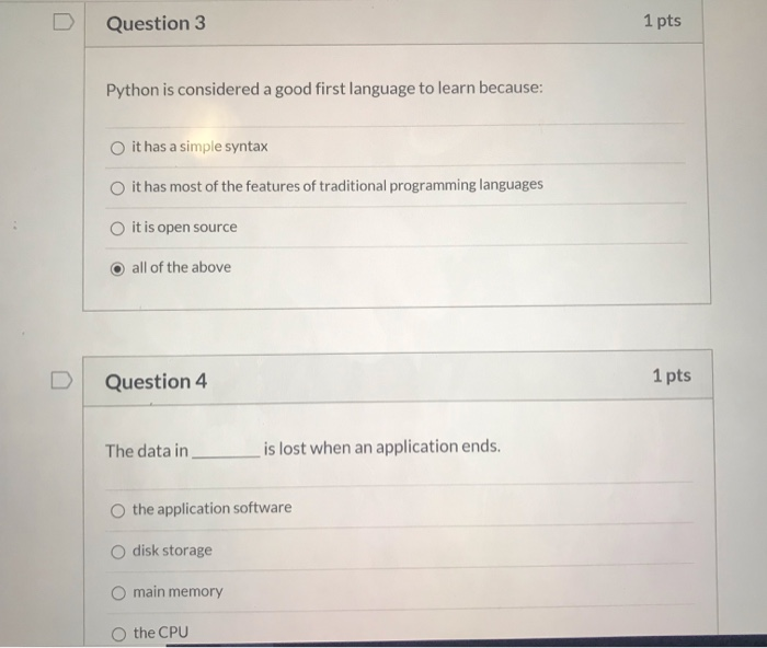 Solved 1 pts Question 3 Python is considered a good first | Chegg.com