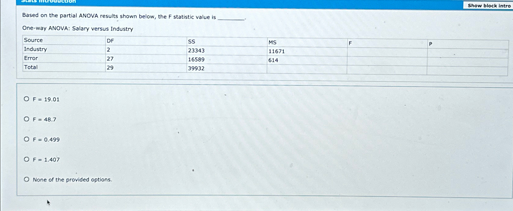 Solved Show block introBased on the partial ANOVA results | Chegg.com