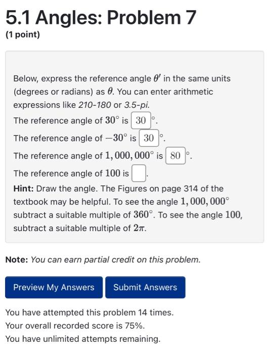 Solved 5.1 Angles: Problem 7 (1 point) Below, express the | Chegg.com