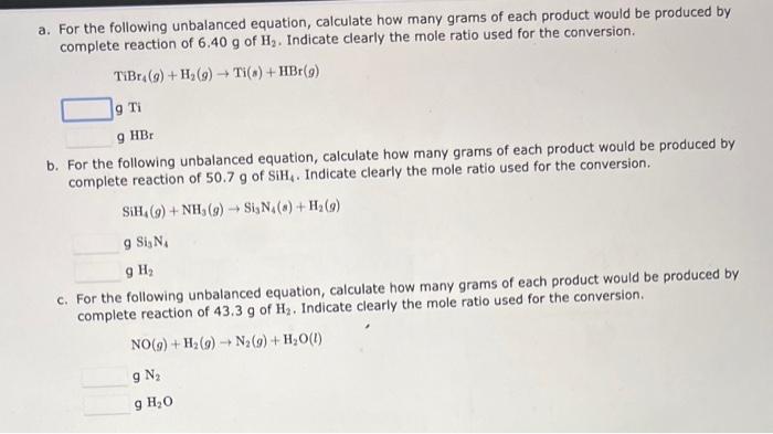 Solved a. For the following unbalanced equation, calculate | Chegg.com