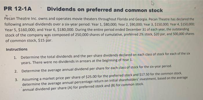 Solved ws PR 12-1A Dividends on preferred and common stock | Chegg.com