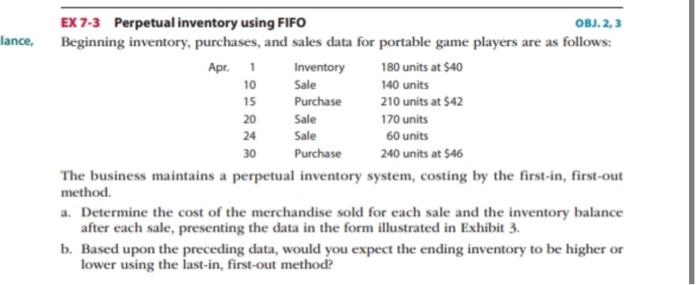 Solved EX 7-3 Perpetual inventory using FIFO 08J. 2,3 | Chegg.com