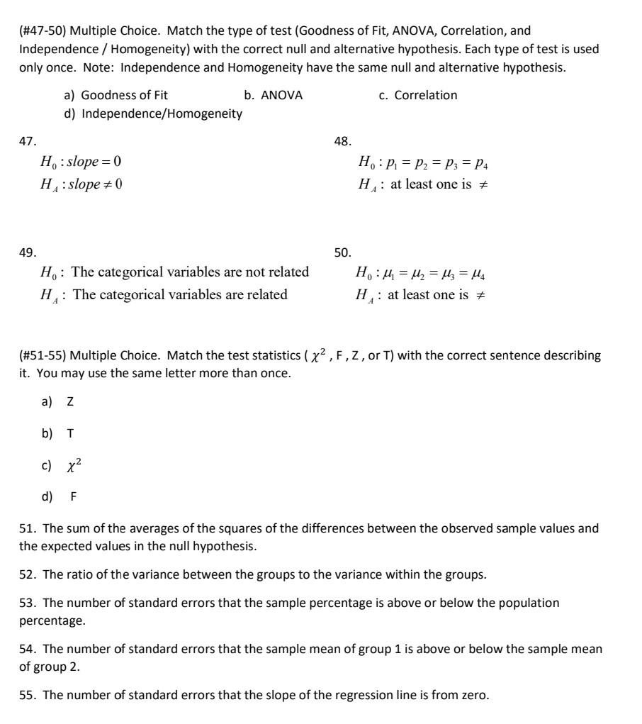Solved (#47-50) Multiple Choice. Match the type of test | Chegg.com