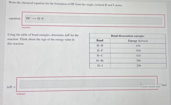 Solved Write the chemical equation for the formation of HF | Chegg.com
