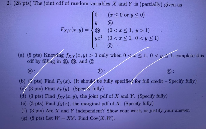 Solved 2. (28 pts) The joint cdf of random variables X and Y | Chegg.com