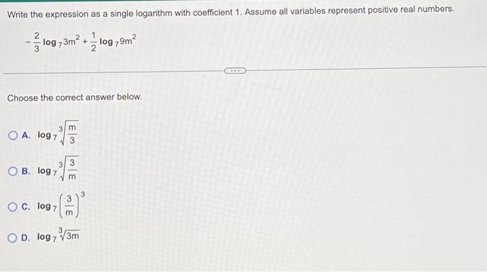 Solved Write the expression as a single logarithm with | Chegg.com