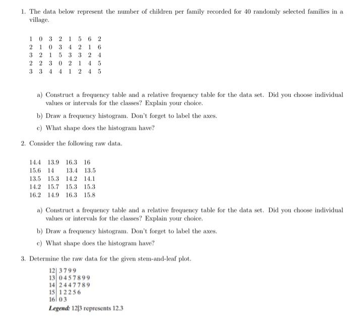 Solved 1. The data below represent the number of children | Chegg.com