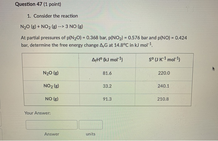 Solved Question 47 (1 point) 1. Consider the reaction N20 | Chegg.com