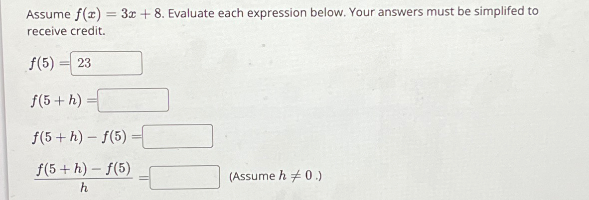 Solved Assume f(x)=3x+8. ﻿Evaluate each expression below. | Chegg.com