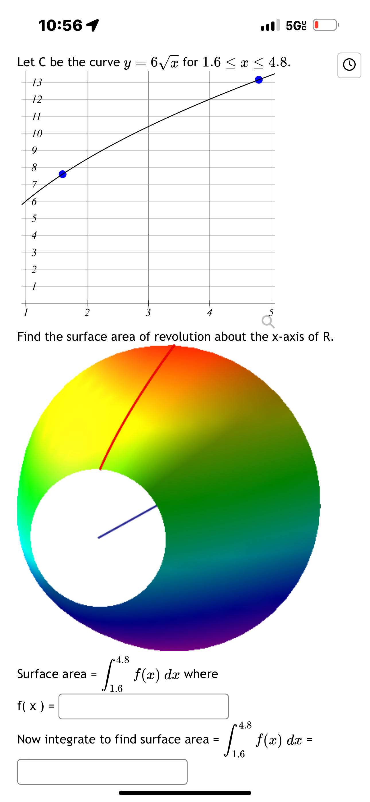 Solved 10:56 4al 5GcFind the surface area of revolution | Chegg.com