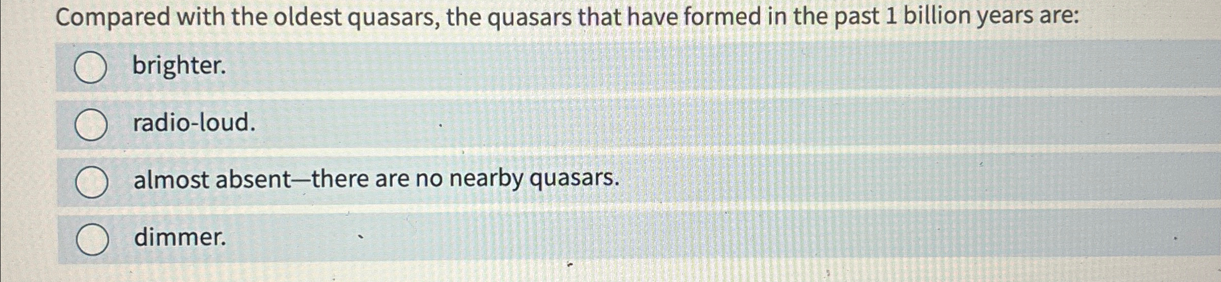 Solved Compared with the oldest quasars, the quasars that | Chegg.com