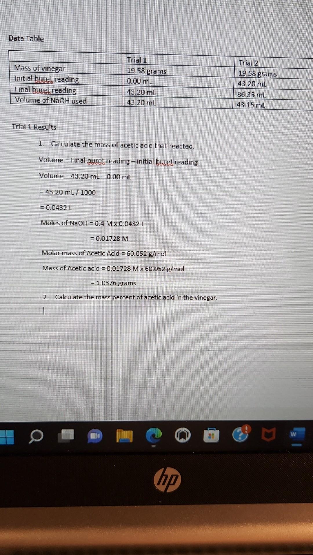 Solved Data Table Trial 1 Results 1. Calculate the mass of | Chegg.com