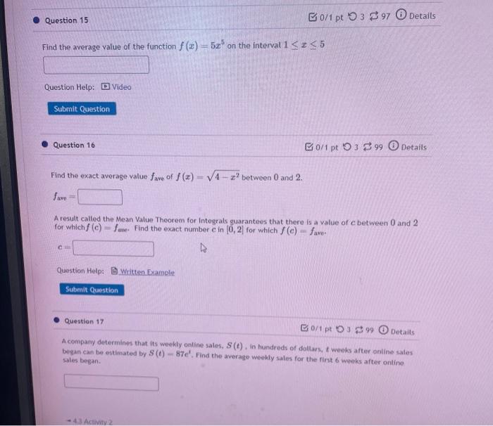 Solved Find the average value of the function f(x)=5x5 on | Chegg.com