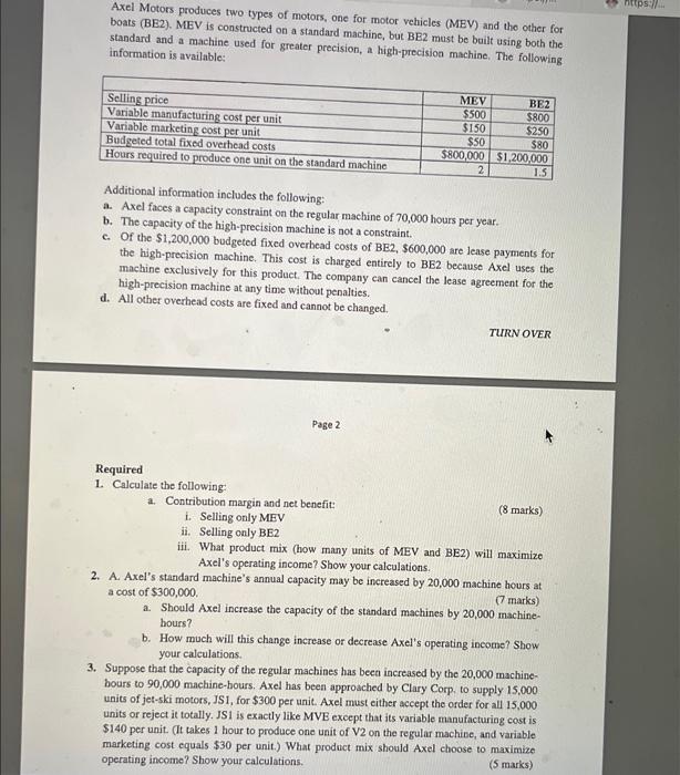 Solved Axel Motors produces two types of motors, one for | Chegg.com