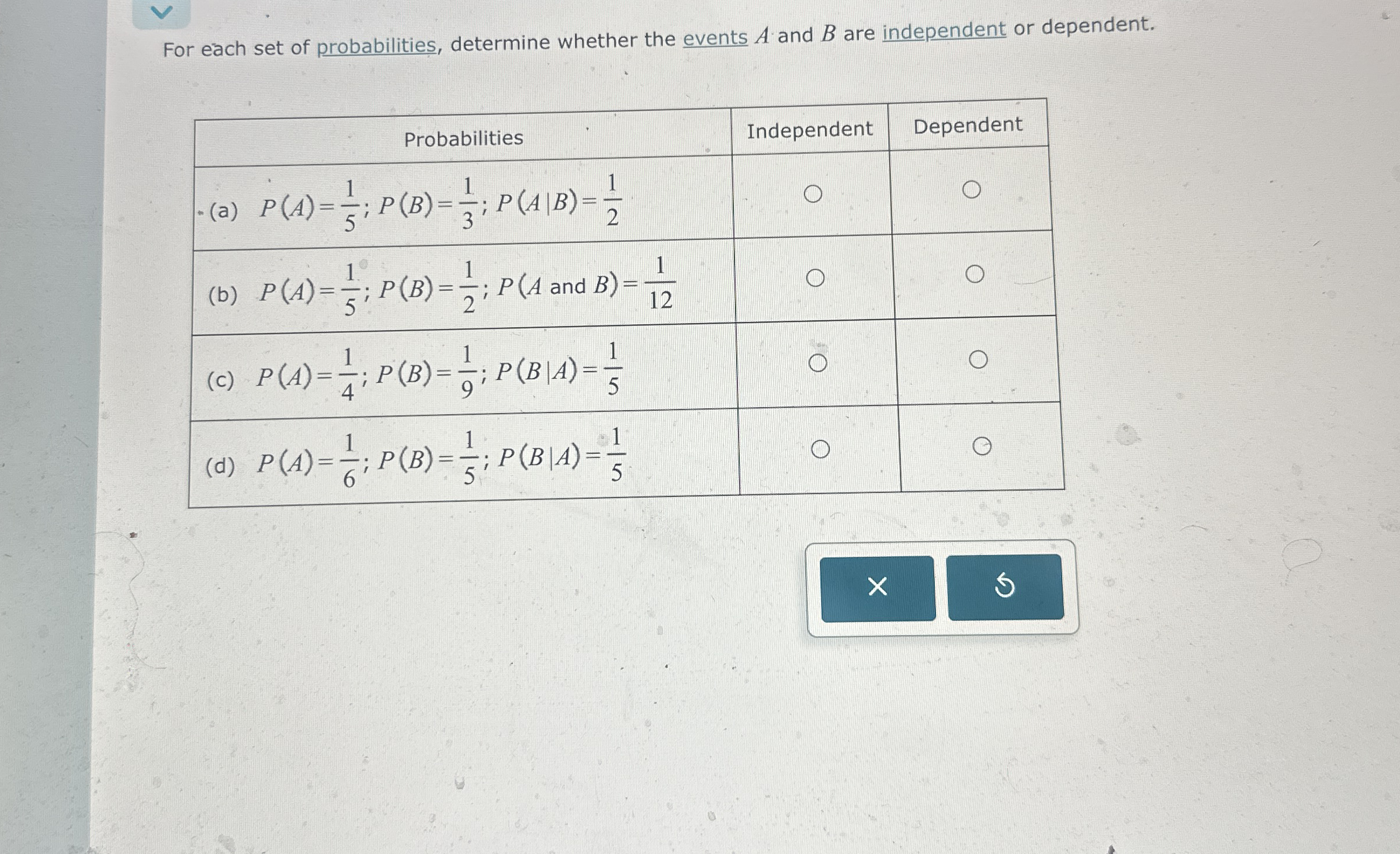 Solved For each set of probabilities, determine whether the | Chegg.com