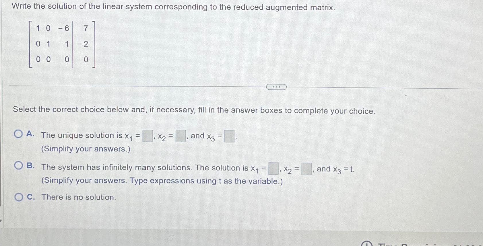 Solved Write the solution of the linear system corresponding | Chegg.com