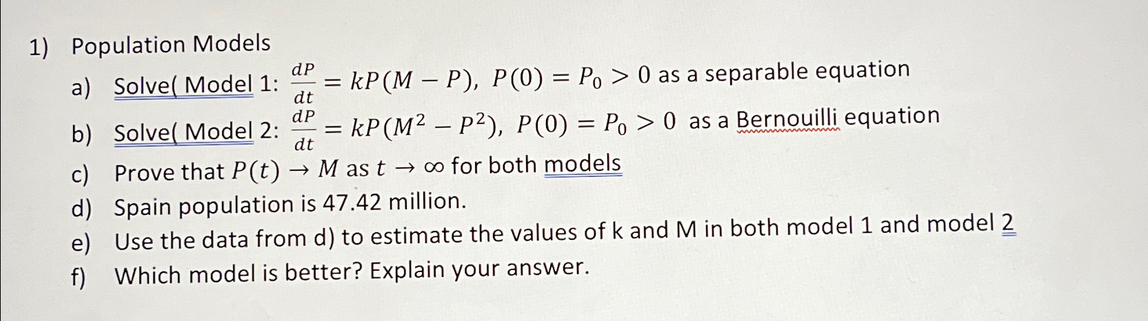 Solved Population Modelsa) ﻿Solve(Model 1: | Chegg.com