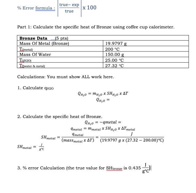 Solved true-exp % Error formula : x 100 true Part 1: | Chegg.com
