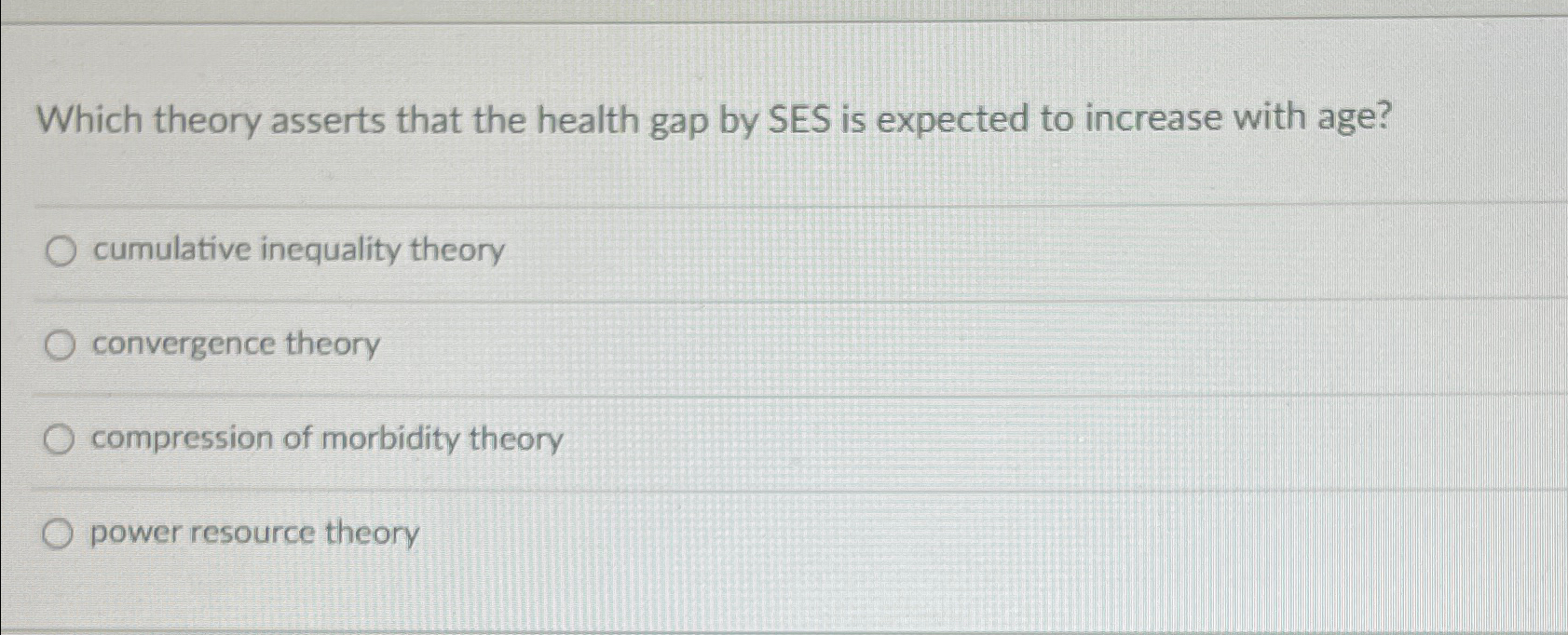Solved Which theory asserts that the health gap by SES is | Chegg.com