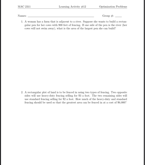 Solved MAC 2311 Learning Activity #12 Optimization Problems | Chegg.com