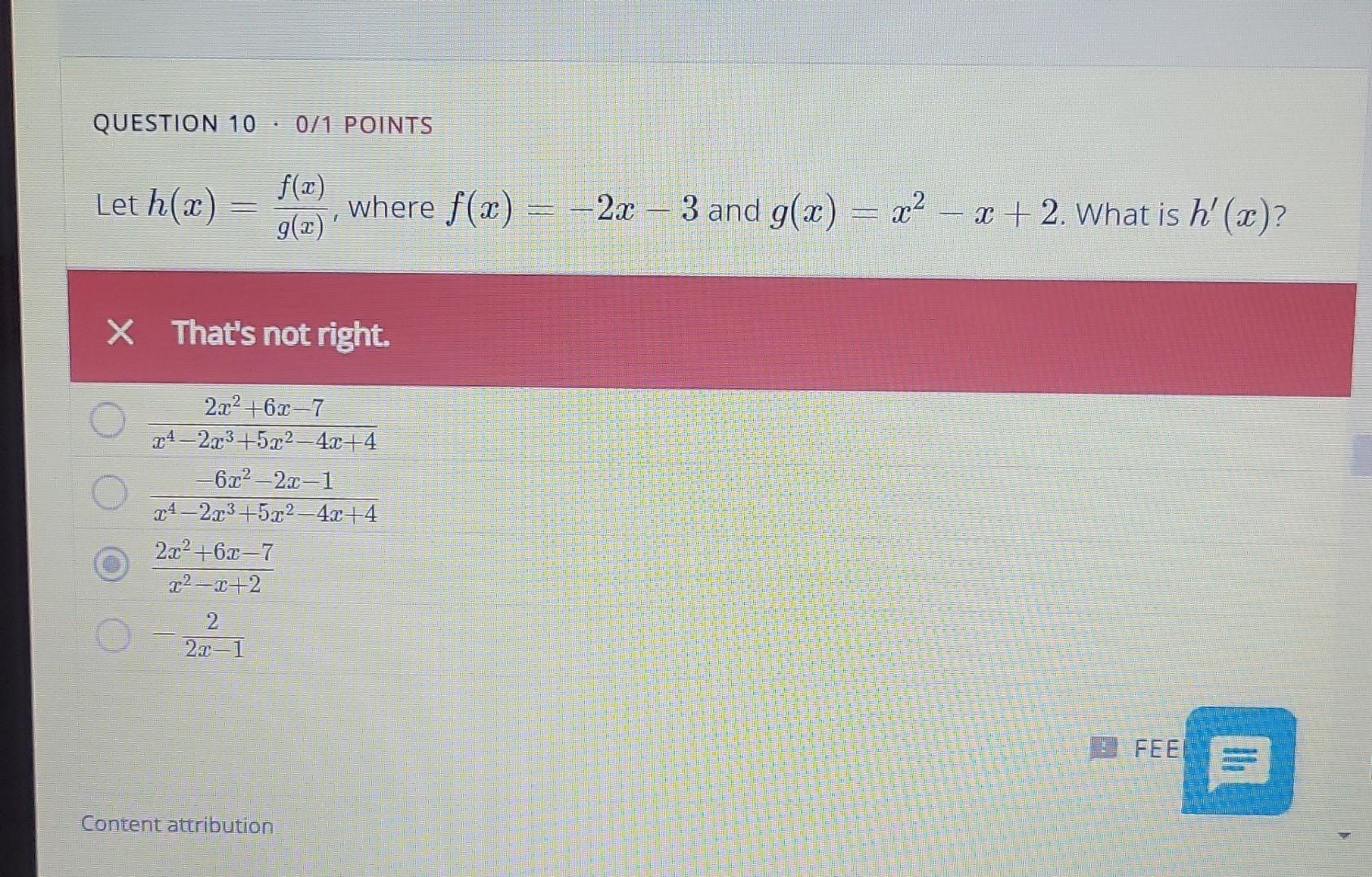 Solved QUESTION 10⋅ O/1 POINTS Let h(x)=g(x)f(x), where | Chegg.com