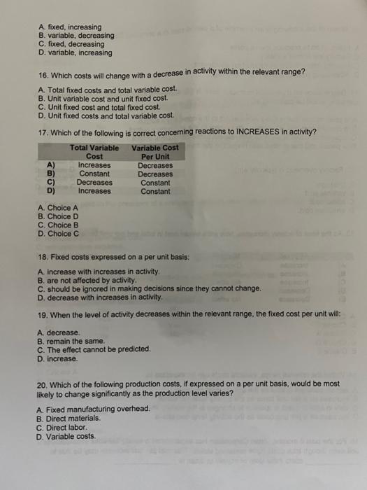 Solved A. fixed, increasing B. variable, decreasing C. | Chegg.com